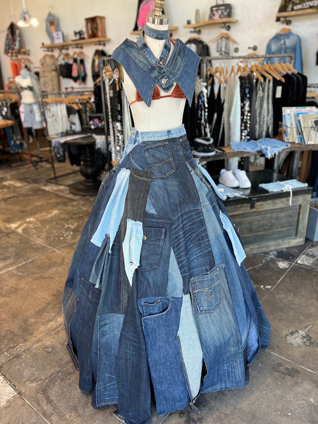 Reworked Vintage Denim Patchwork Skirt - Etsy