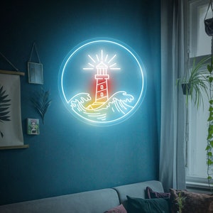 Lighthouse Neon Sign - Custom Neon Sign, Lighthouse Led Sign, Wave ...