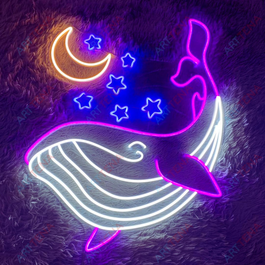 Whale Moon Neon Sign, Whale Neon Sign, Kids Room Light, Whale Star Neon ...