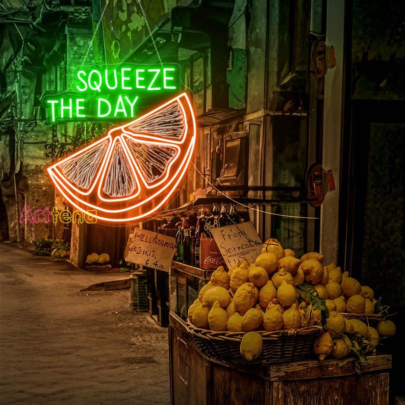 Squeeze the Day Neon Sign, Lemon Neon Sign, Lemon Decor Wall, Kitchen ...