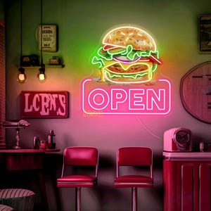 Burger Open Neon Sign, Burger Neon Sign, Custom Neon Sign, Fast Food ...