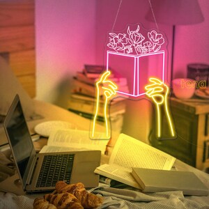 Floral Women Reading Book Neon Sign, Girl Reading Books Led Sign, Wall ...