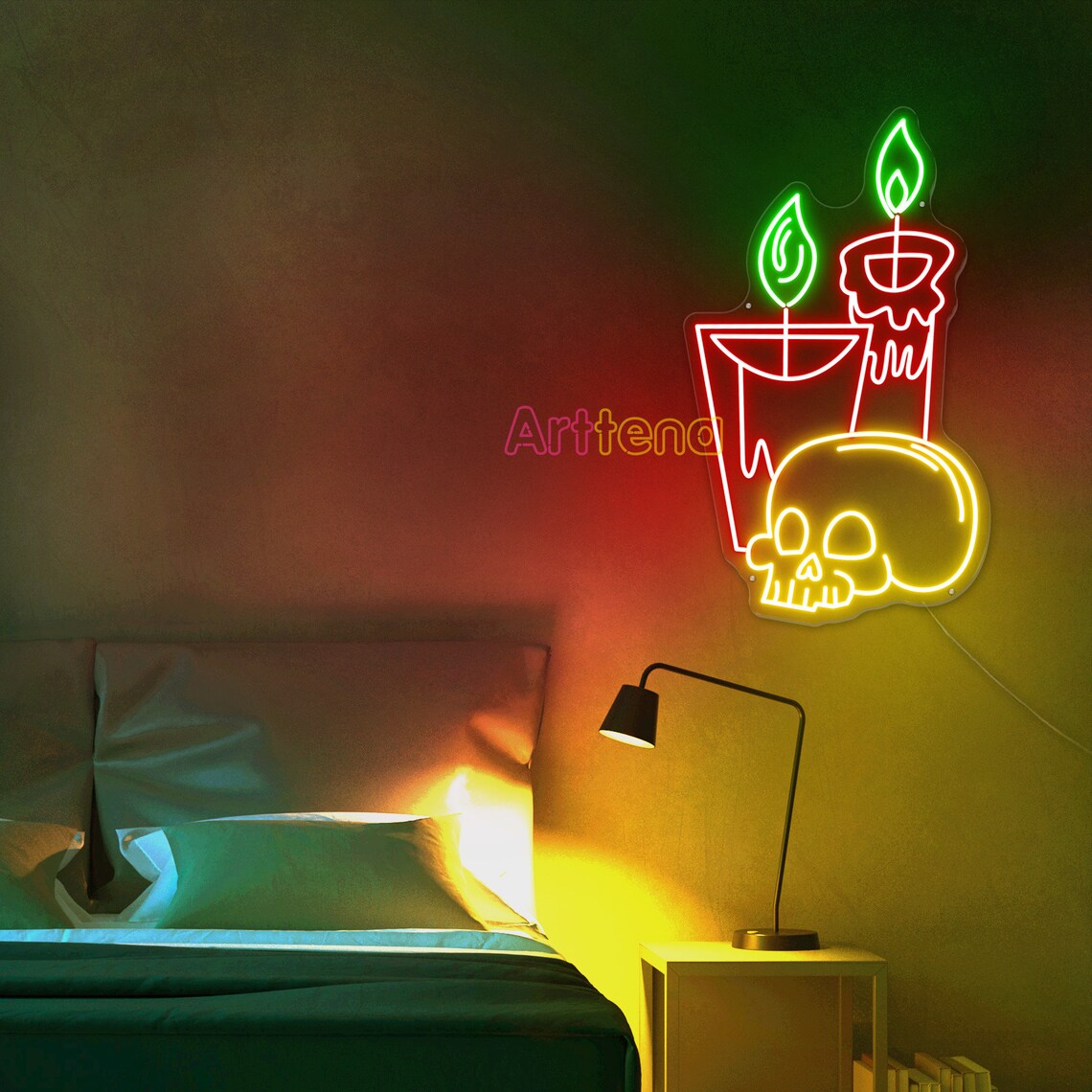 Candle and Skull Neon Sign, Skull Neon Sign, Candle Led Sign, Halloween ...