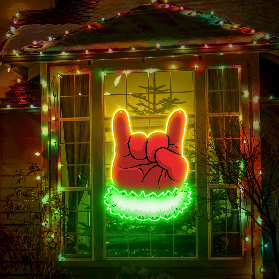 Santa Claus Hand Rock Neon Sign Rock on Hand Hook Em Horns Wall Decor ...