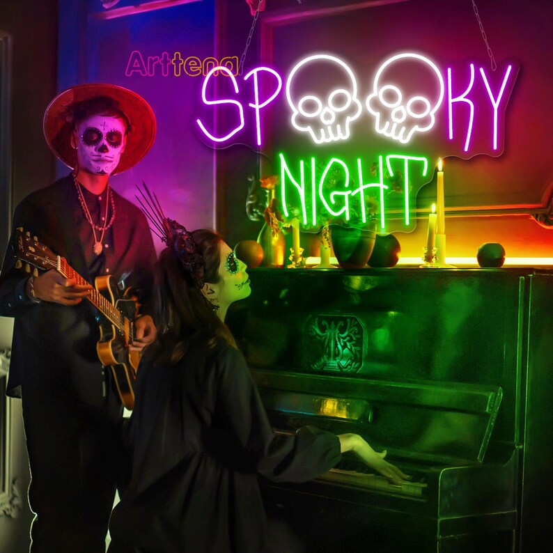 Spooky Night Neon Sign, Skull Neon Sign, Creepy Spooky Sign, Skull ...