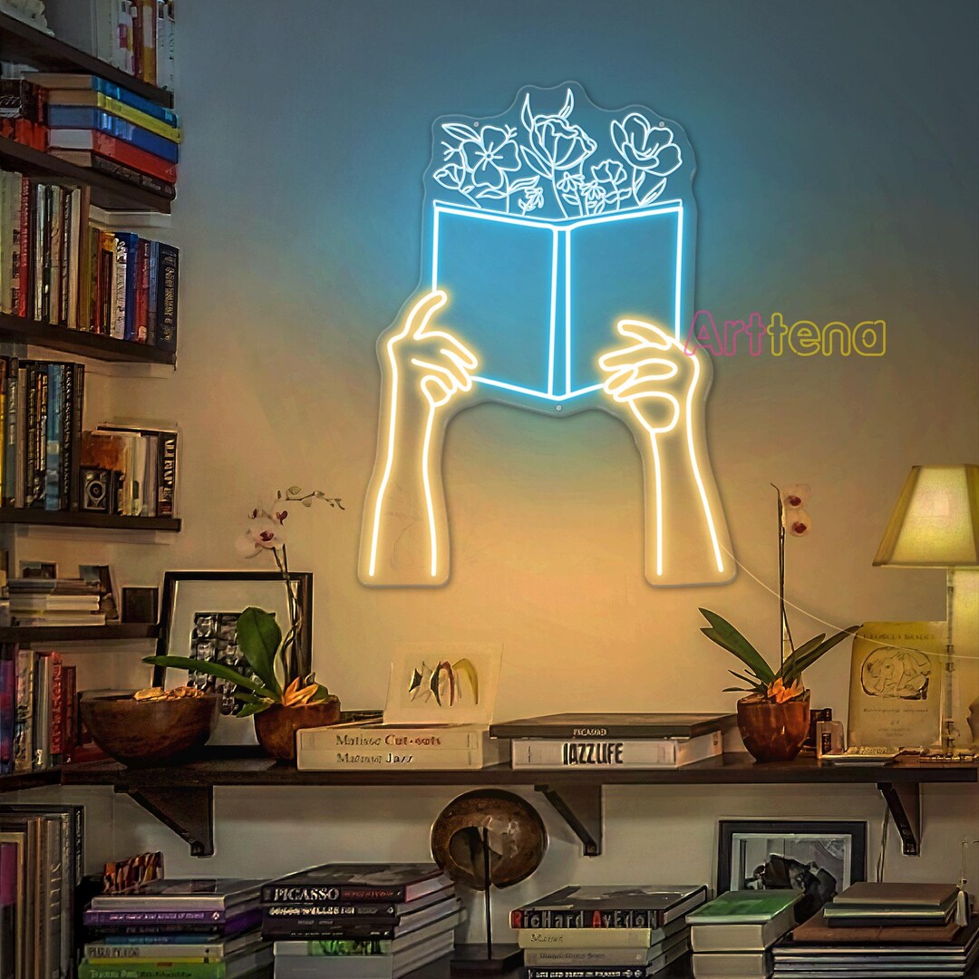 Floral Women Reading Book Neon Sign, Girl Reading Books Led Sign, Wall ...