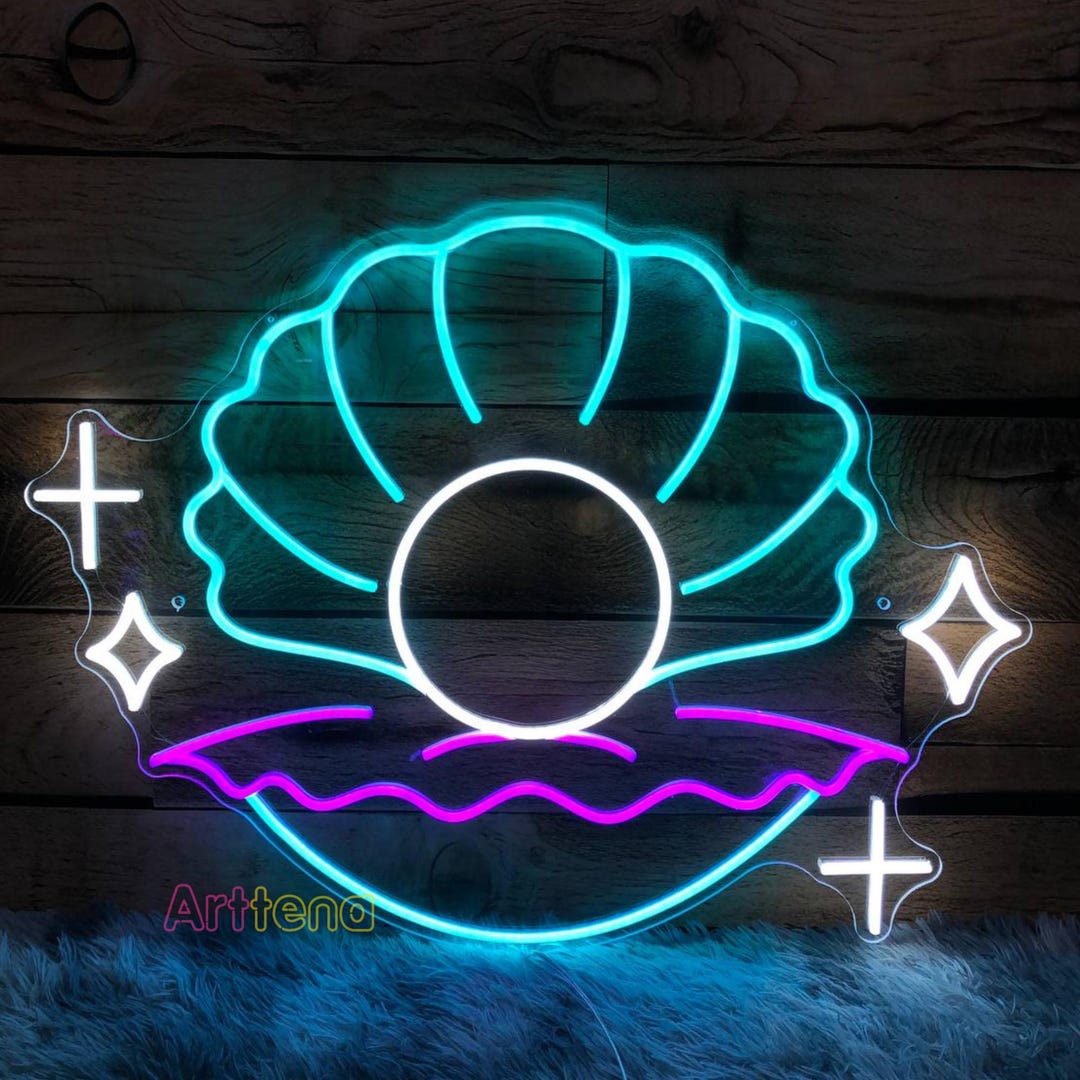 Pearl Neon Sign, Sea Shell With Pearl Neon Sign, Mollusk Shell, Mermaid ...