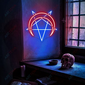 Inverted Pentagram Neon Sign, Moon Baphomet Cross Decor - Etsy