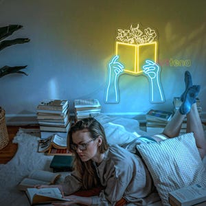 Floral Women Reading Book Neon Sign, Girl Reading Books Led Sign, Wall ...