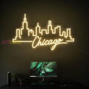 City Light Chicago Neon Sign, Skyline Neon Sign, Home Wall Decor Office ...