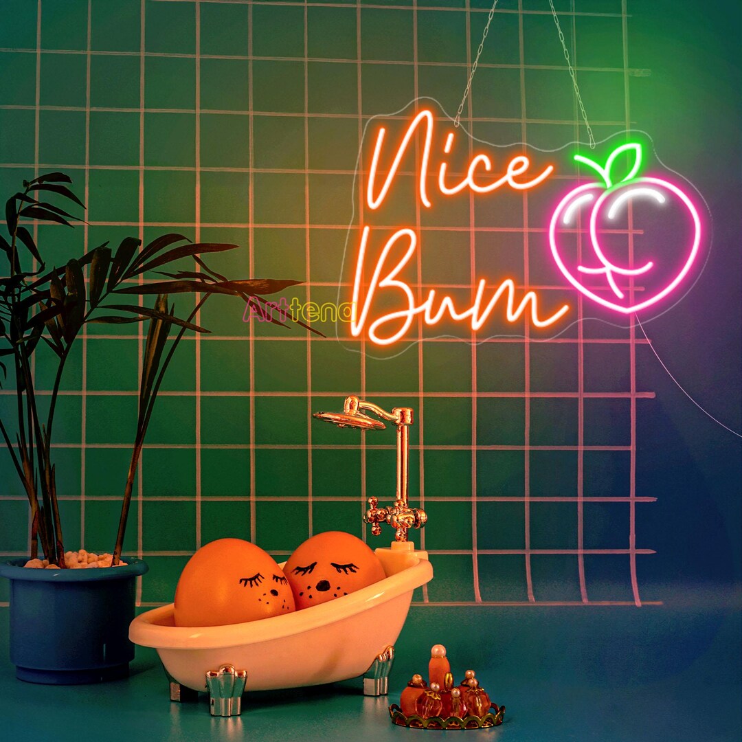 Nice Bum Neon Sign, Nice Bum With Peach Sign, Bathroom Wall Decor ...