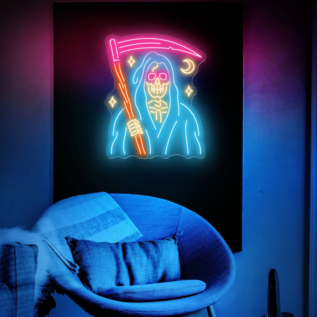 Grim Reaper Neon Sign, Game Room Decor, Skeleton Neon Sign, Death Sign ...