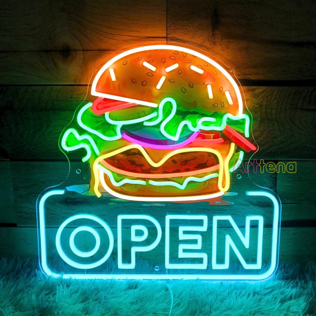 Burger Open Neon Sign, Burger Neon Sign, Custom Neon Sign, Fast Food ...