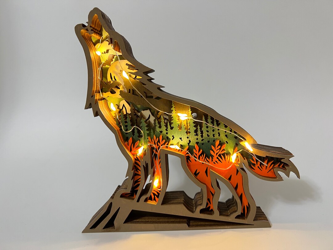 Custom Wooden Carved Wolf Ornament With Lights Desk Decor-personalized ...