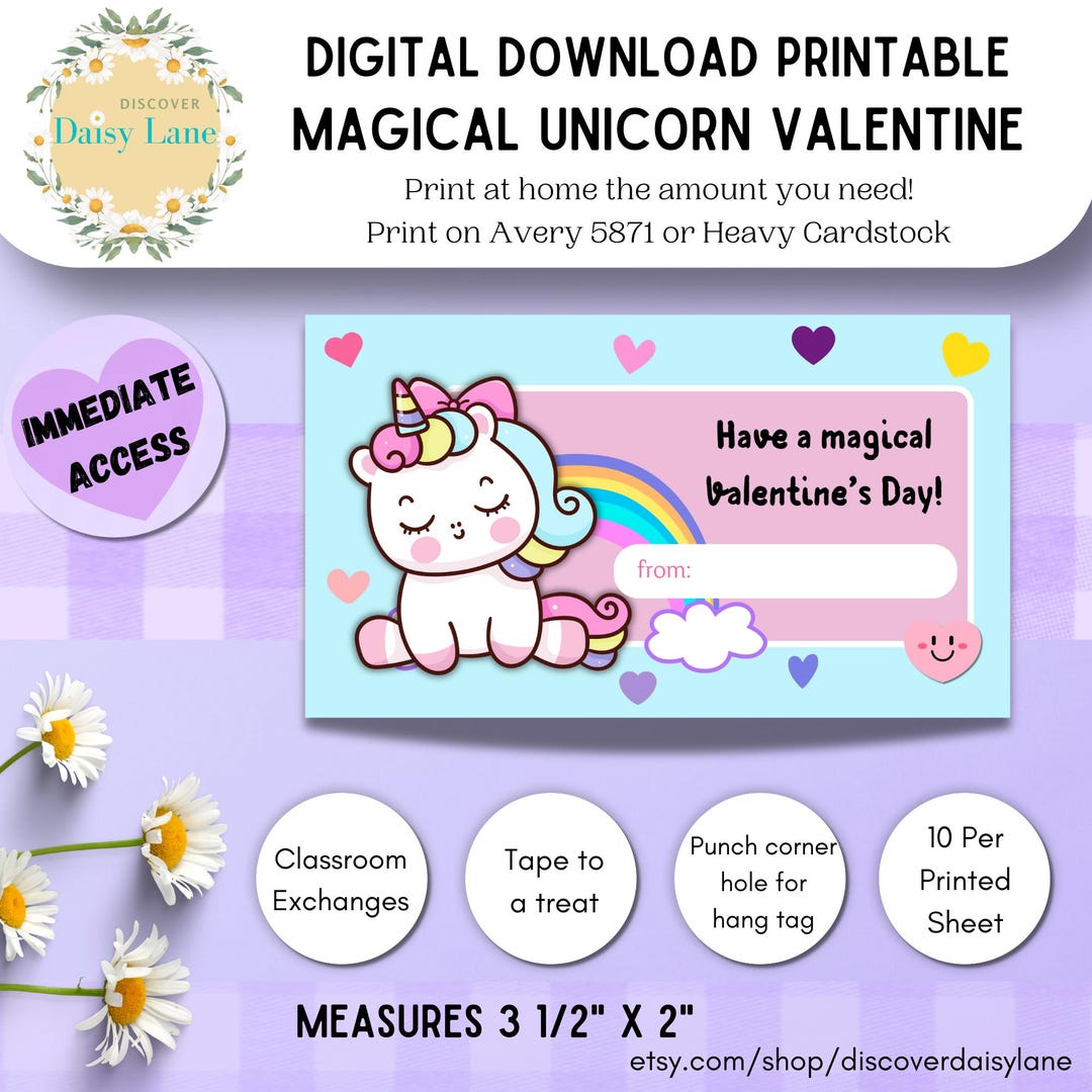 Magical Unicorn Valentine Card Printable Treat Hang Tag Digital ...