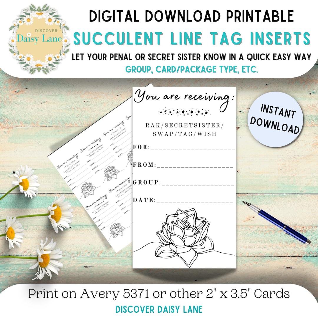 Succulent Line Tag Insert Pen Pal Secret Sister RAK Swap Trade Wishes ...