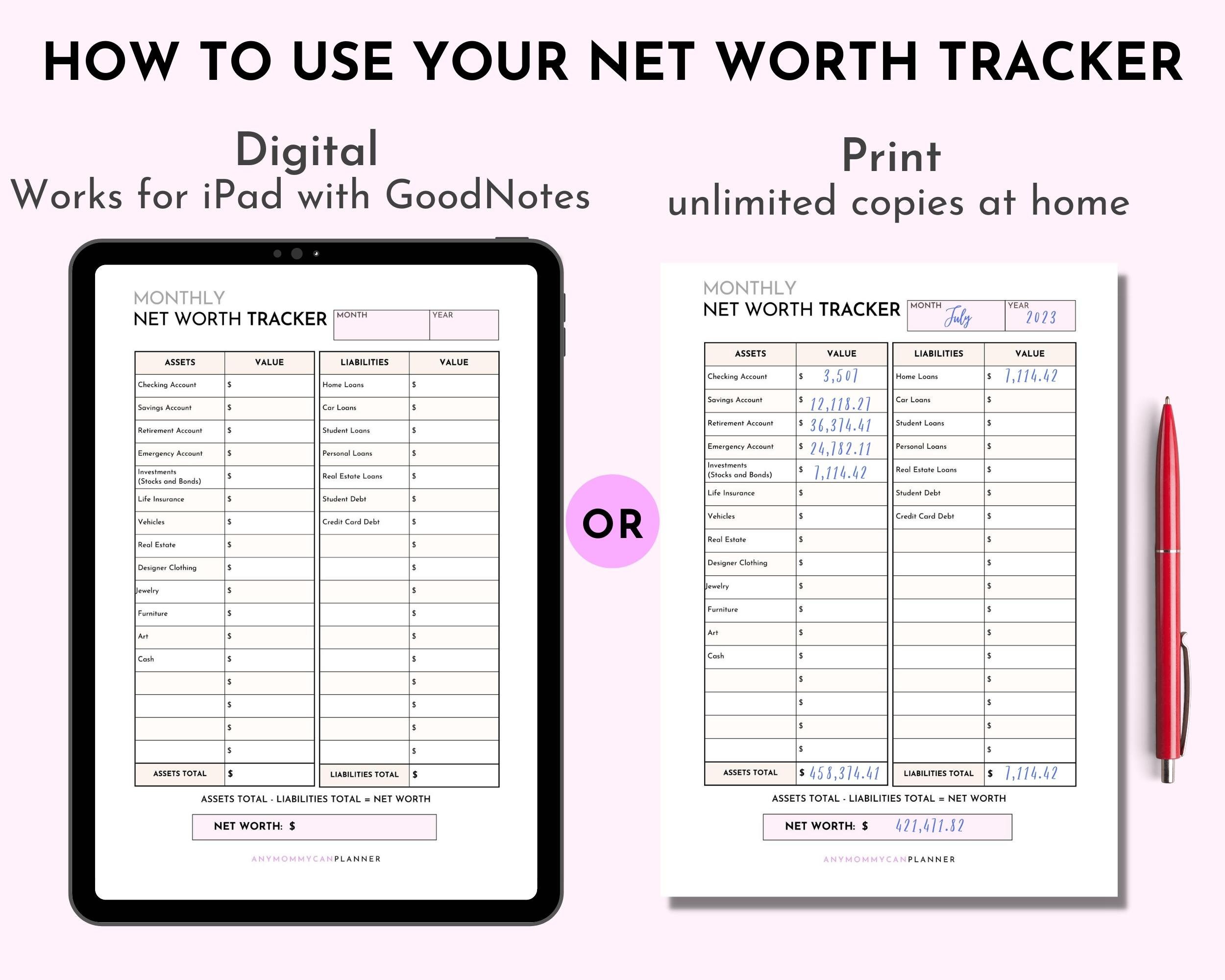 Printable Net Worth Tracker for Moms, Financial Planner, Net Worth ...