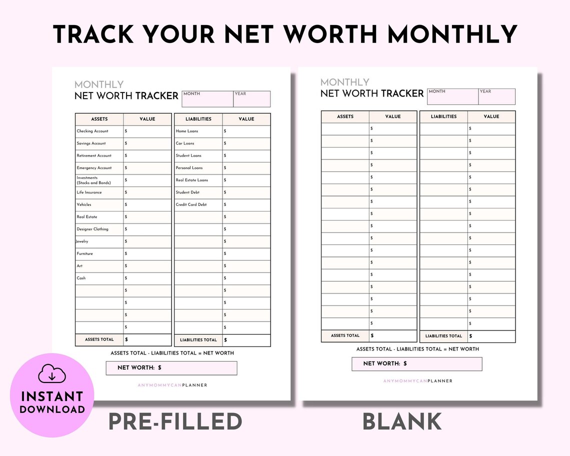 Printable Net Worth Tracker for Moms, Financial Planner, Net Worth ...