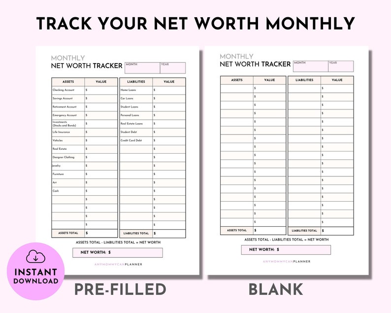 Printable Net Worth Tracker for Moms, Financial Planner, Net Worth ...