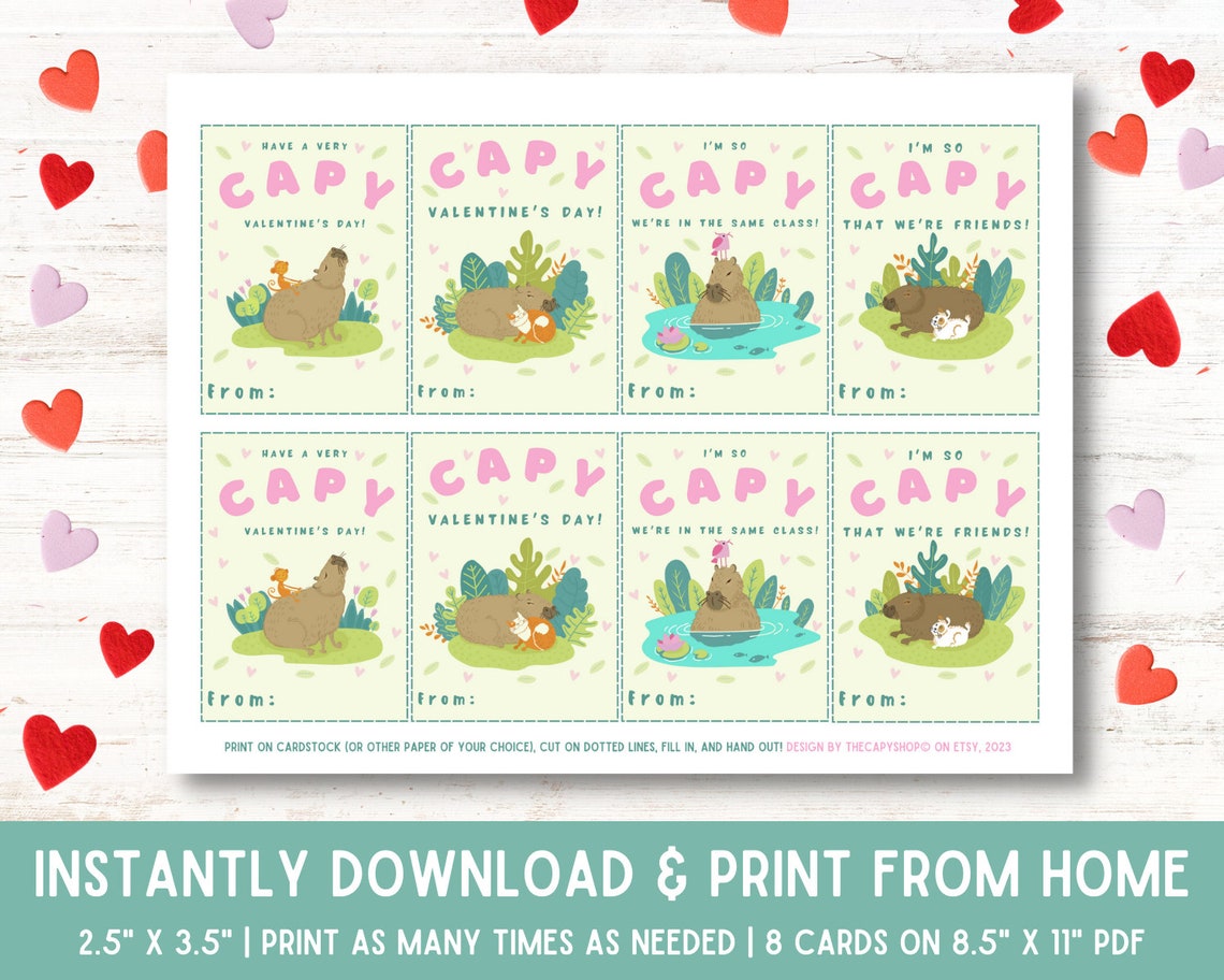 Printable Capybara Valentine's Day Cards | Capybara Classroom Valentine ...