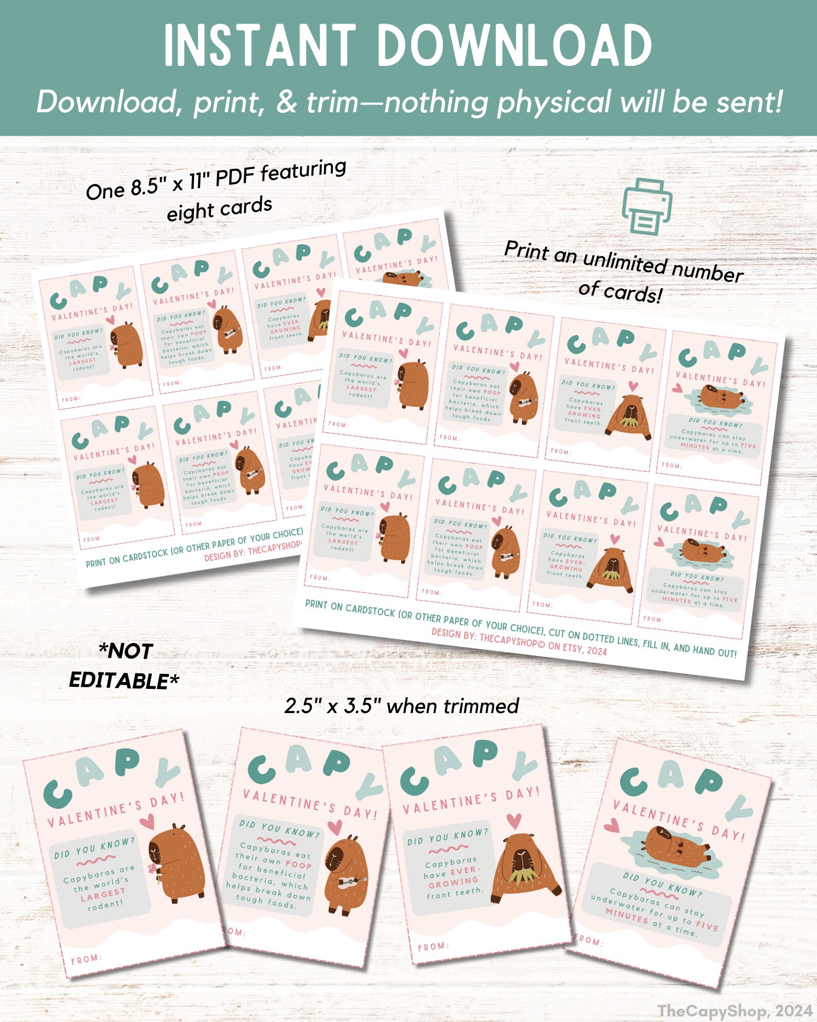 Printable Capybara Facts Valentine's Day Cards Classroom Valentine's ...
