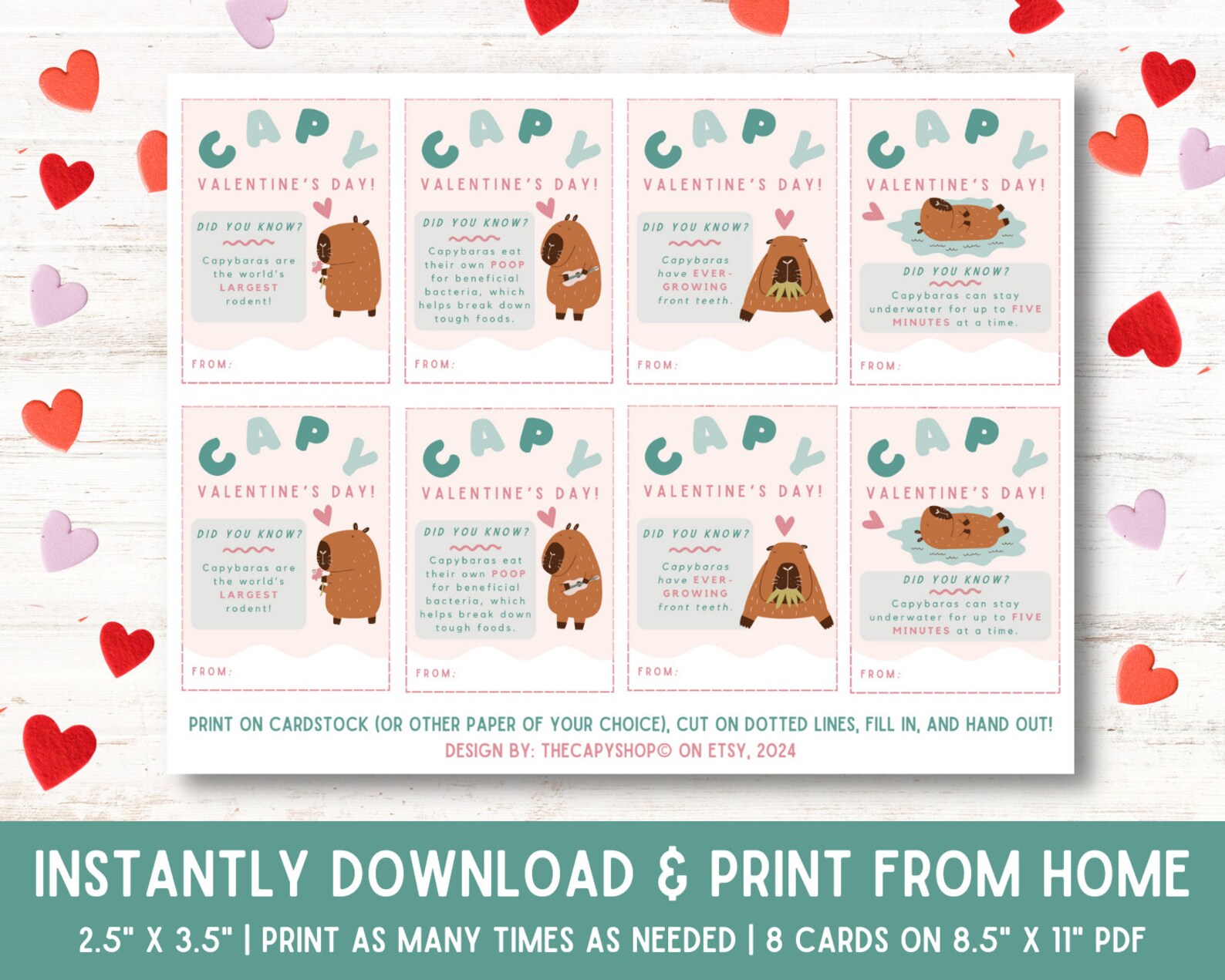 Printable Capybara Facts Valentine's Day Cards Classroom Valentine's ...