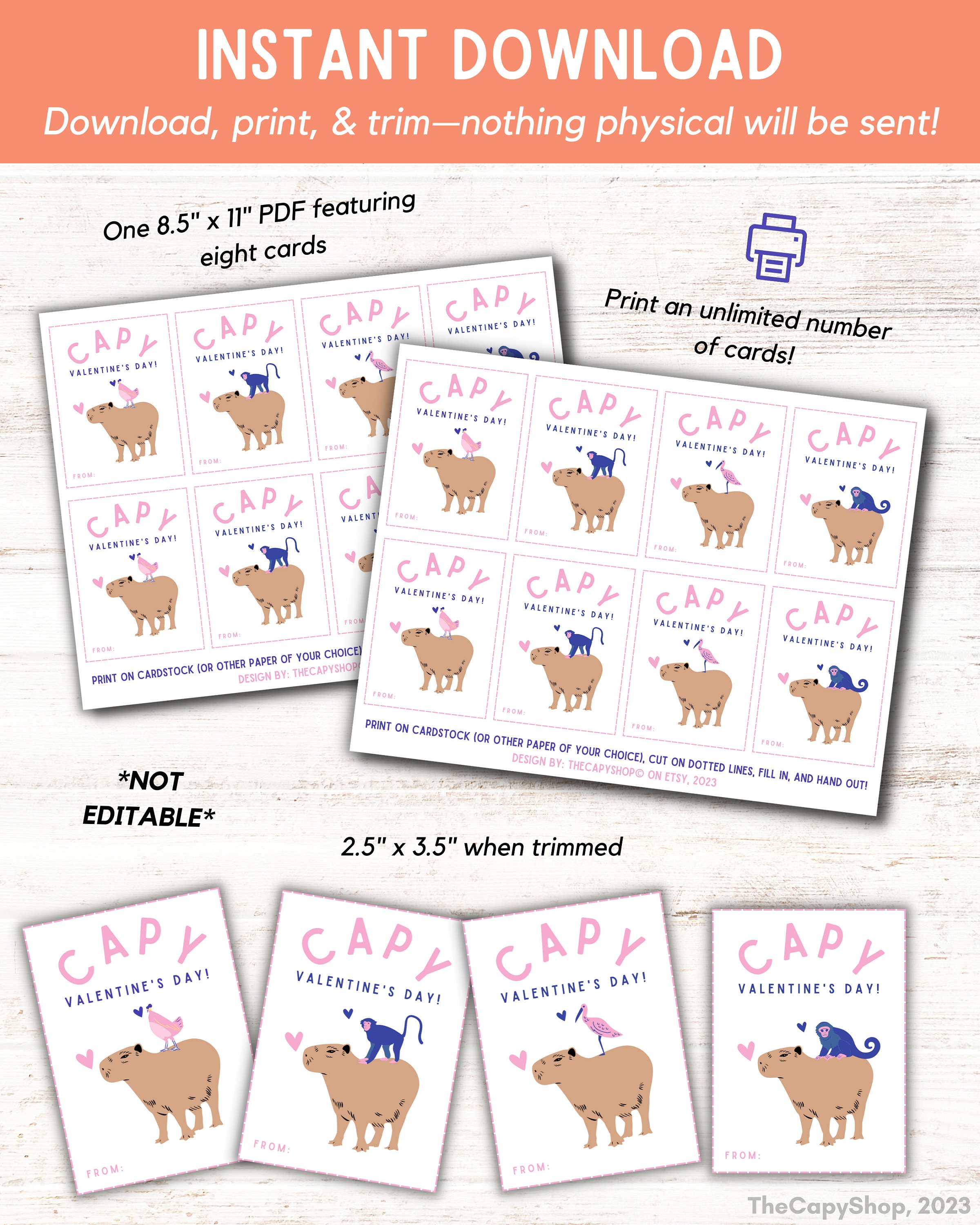 Printable Capybara Valentine's Day Cards Capybara Classroom Valentine's ...