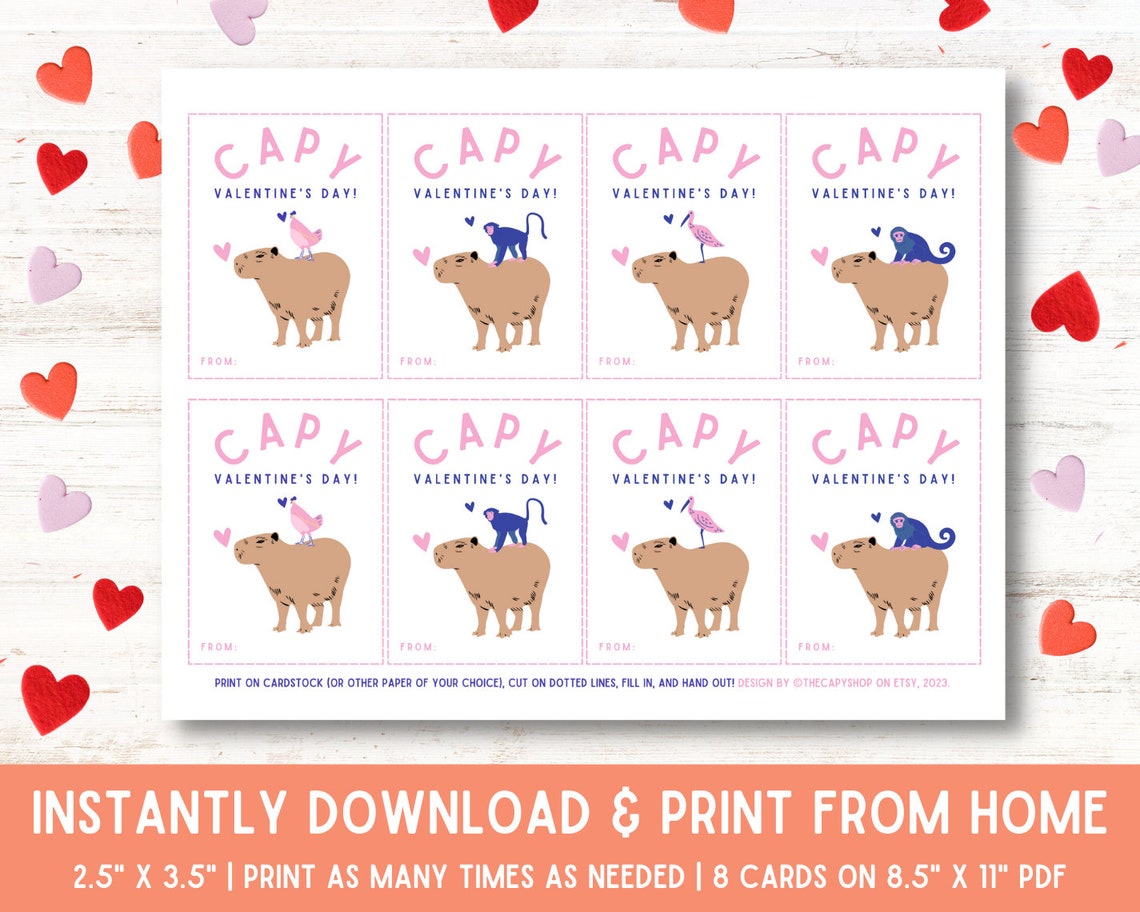 Printable Capybara Valentine's Day Cards | Capybara Classroom Valentine ...