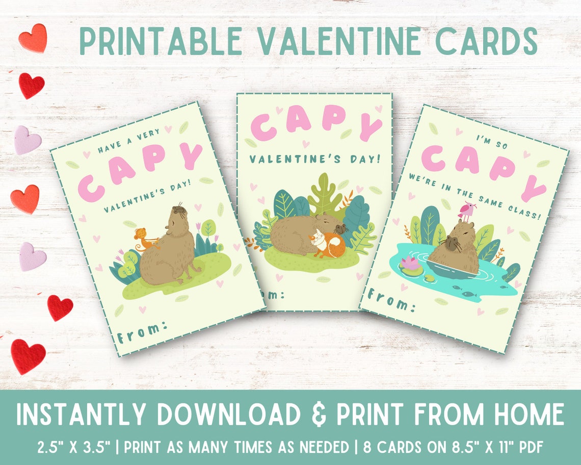 Printable Capybara Valentine's Day Cards | Capybara Classroom Valentine ...