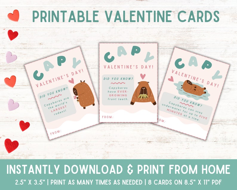 Printable Capybara Facts Valentine's Day Cards Classroom Valentine's ...