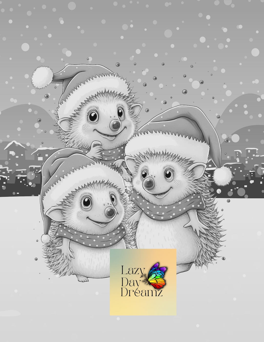 Hedgehog Christmas, Coloring Page, Greyscale, Adult Coloring, Cute ...