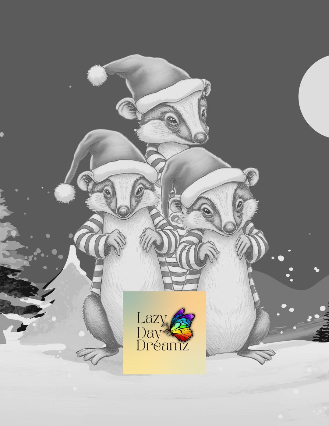 Weasel Christmas, Coloring Page, Greyscale, Adult Coloring, Cute ...
