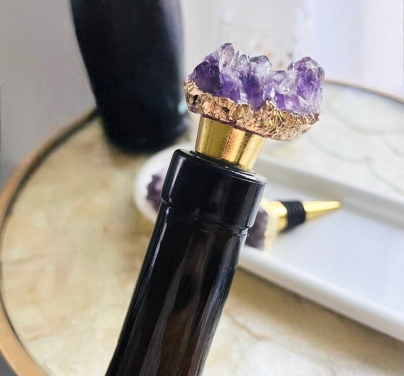 Natural Amethyst Cluster Crystal Wine Stopper Bottle Gold Handmade Wine ...