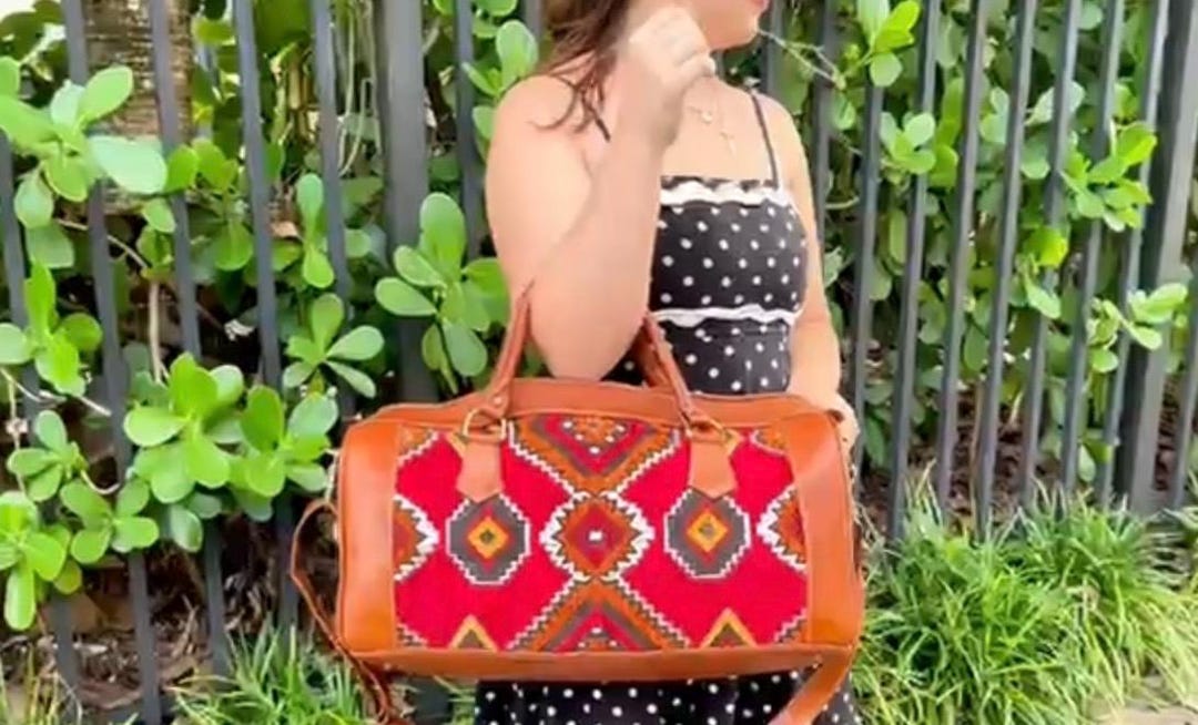 Kilim Travel Duffle Bag Genuine Leather Moroccan Weekender With ...