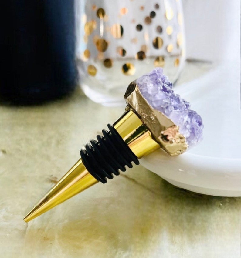 Natural Amethyst Cluster Crystal Wine Stopper Bottle Gold Handmade Wine ...