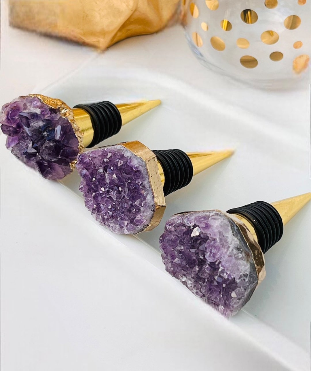 Natural Amethyst Cluster Crystal Wine Stopper Bottle Gold Handmade Wine ...
