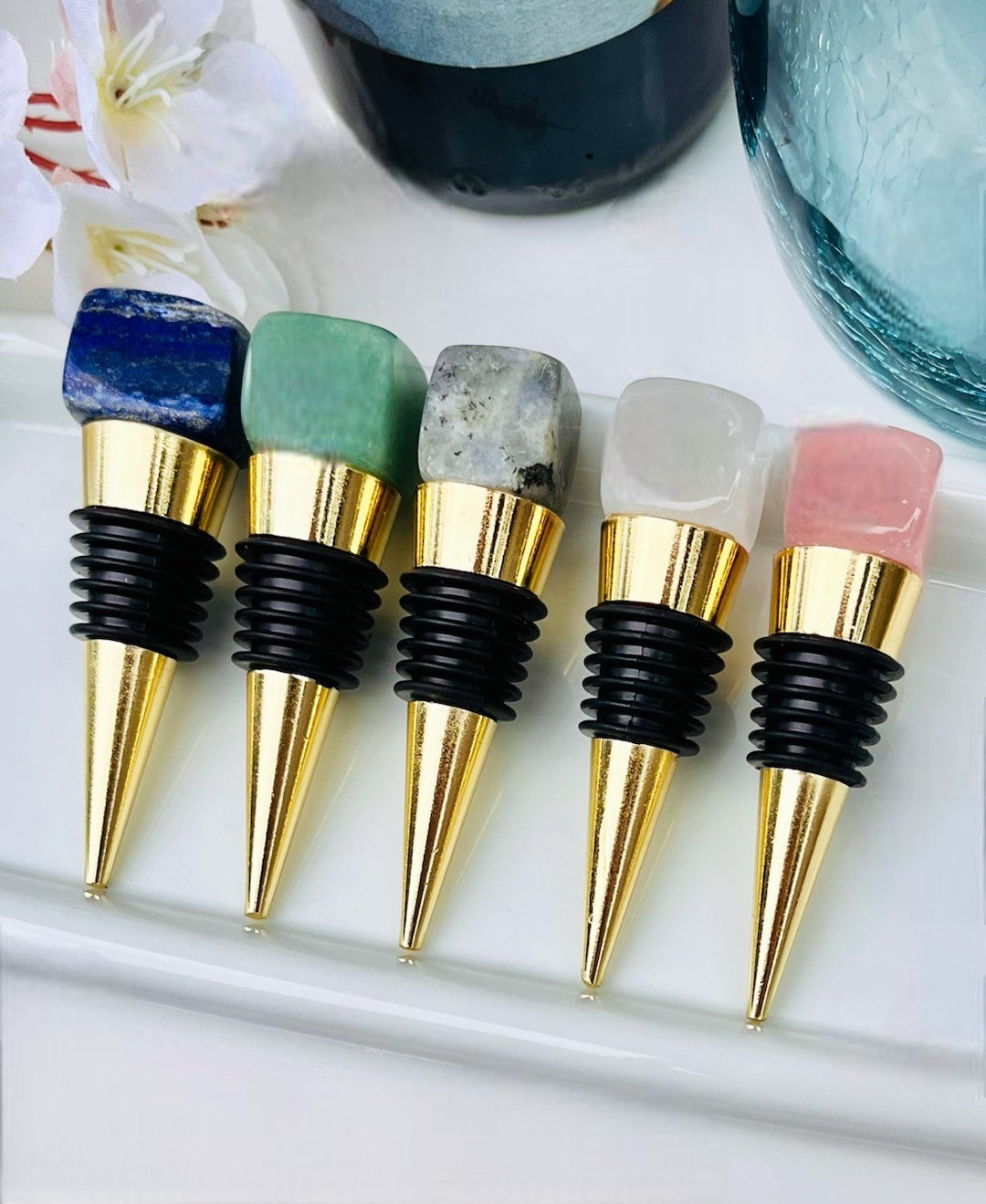 Handcrafted Natural Crystal Wine Bottle Stopper Minimalist Gold Barware ...
