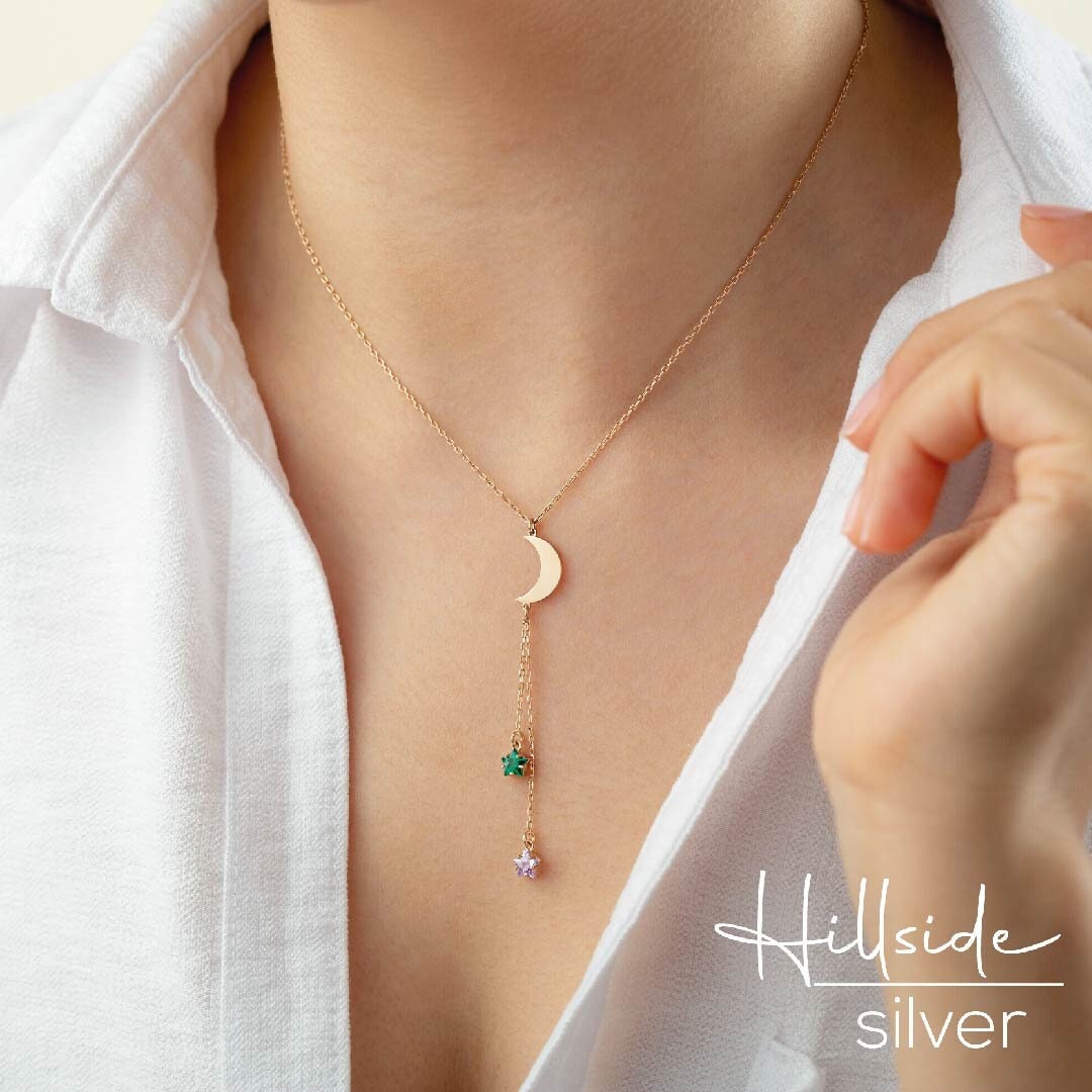 Birthstone Stars Crescent Necklace, Moon Birthstone Stars Necklace ...