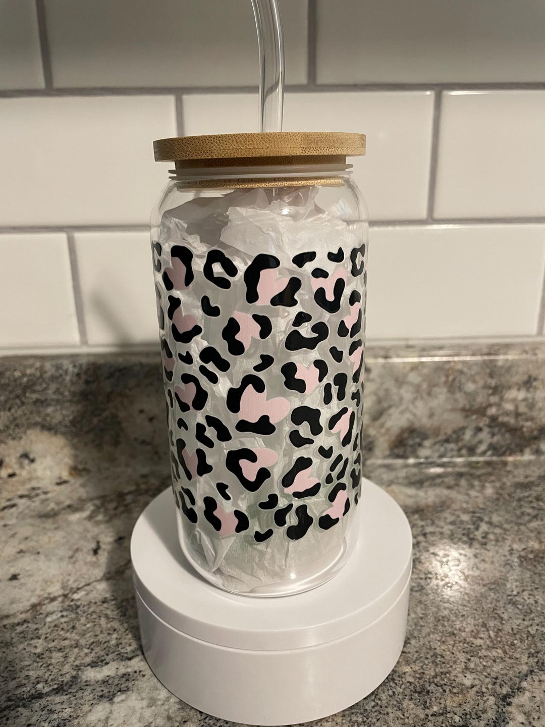 Pink Leopard Print Glass Iced Coffee Cup, Bamboo Lid & Straw - Etsy