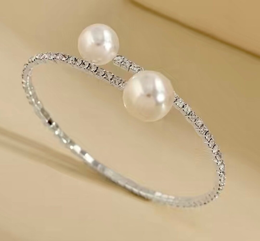 Single Row Pearl Bracelet, Full Rhinestone Inlaid Open Cuff Adjustable ...
