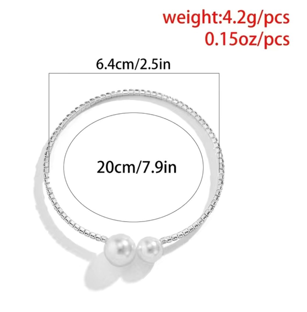 Single Row Pearl Bracelet, Full Rhinestone Inlaid Open Cuff Adjustable ...