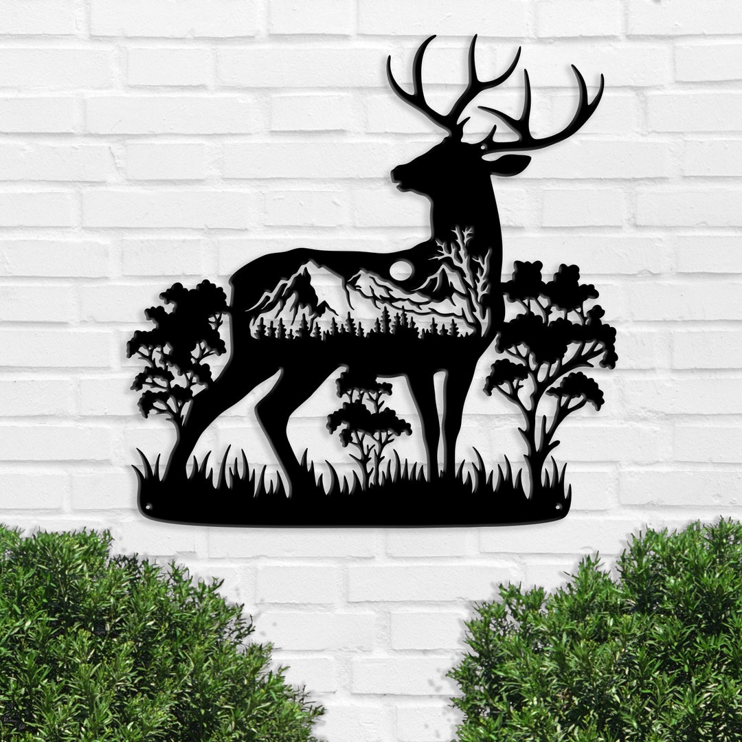 Mountain, Forest and Deer Metal Art Sign, Wildlife Metal Sign Decor ...