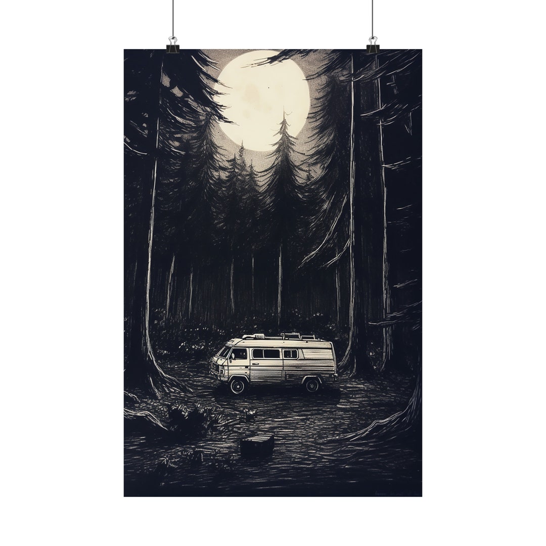 Van in the Forest Print. Van Life Poster. Moon & Pine Tree Wall Art ...