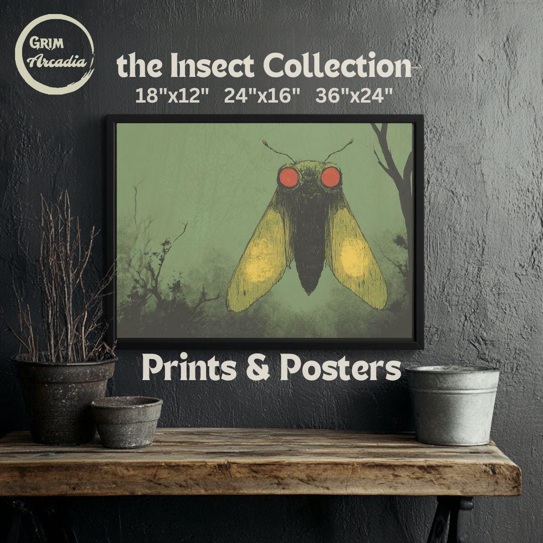 Cute Fly Print Unframed Bug Poster Goth Original Art Print Moody Insect ...