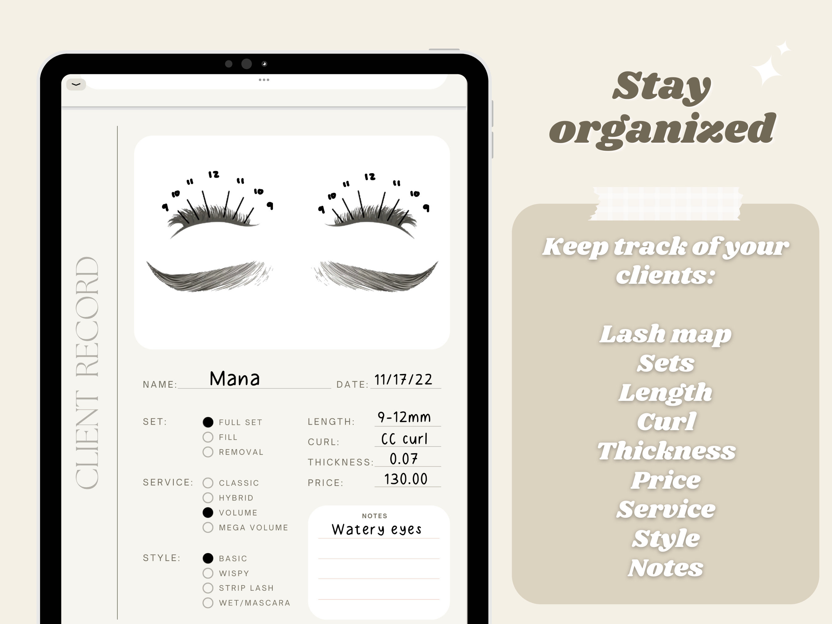 Eyelash Extension Client Record | Lash Mapping Canva Template (digital ...