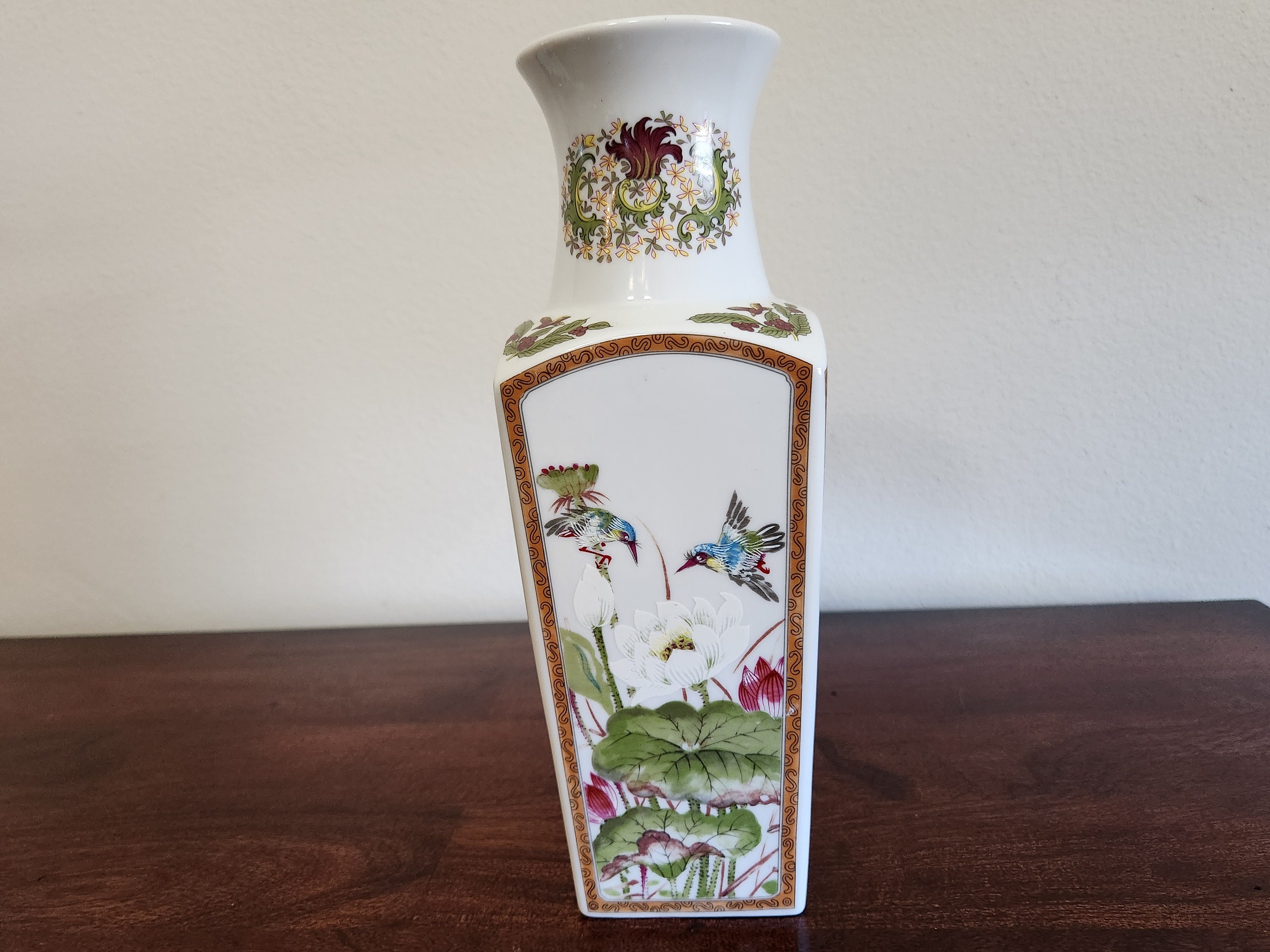 Vintage, 1980s, Andrea by Sadek, Tall Asian Vase, Lotus Flowers With ...