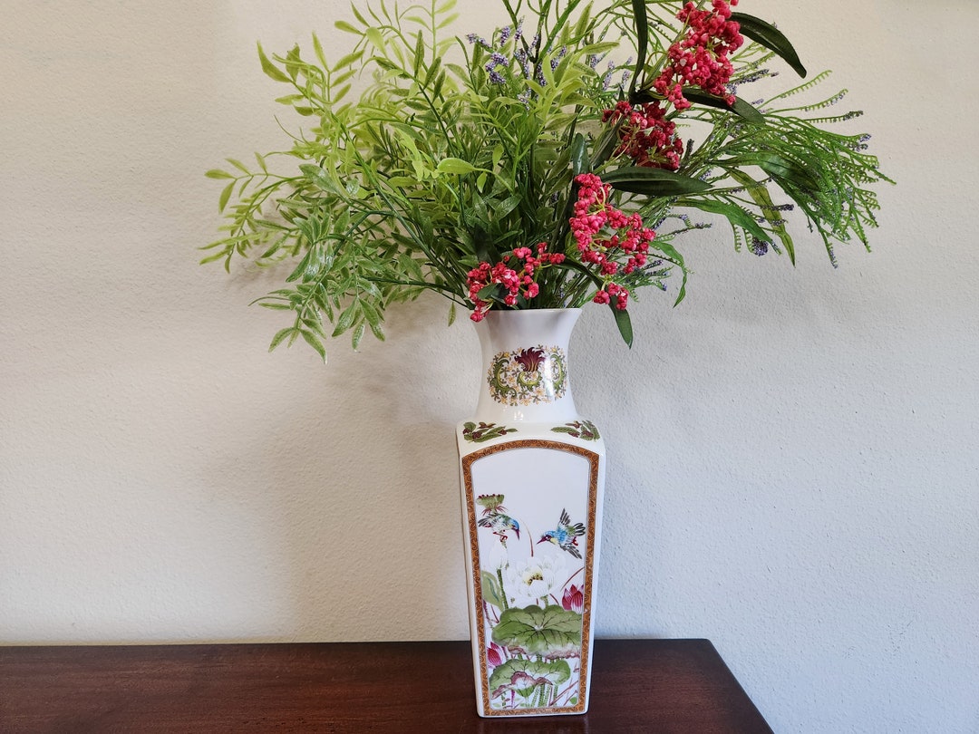 Vintage, 1980s, Andrea by Sadek, Tall Asian Vase, Lotus Flowers With ...