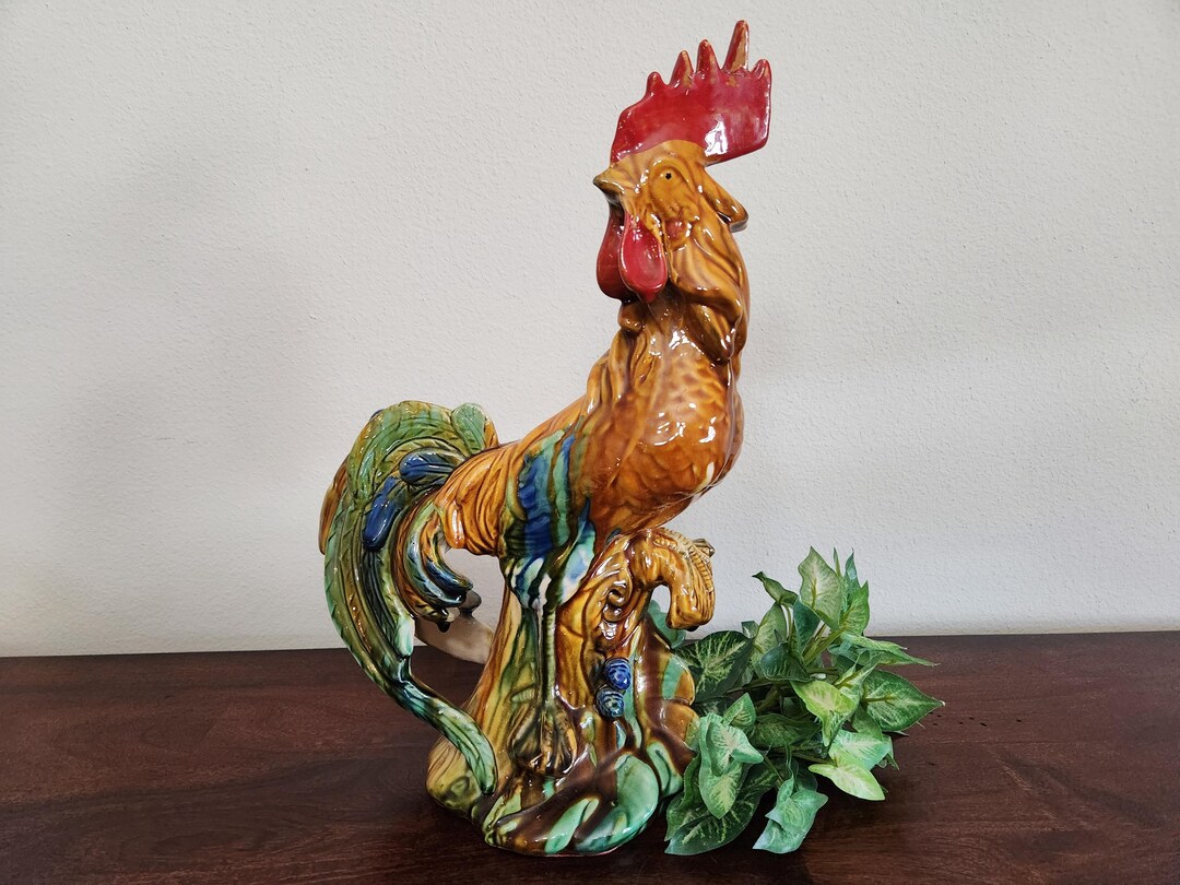 Vintage 1970s Italian Majolica Rooster Statue: Glazed Ceramic Decor - Etsy