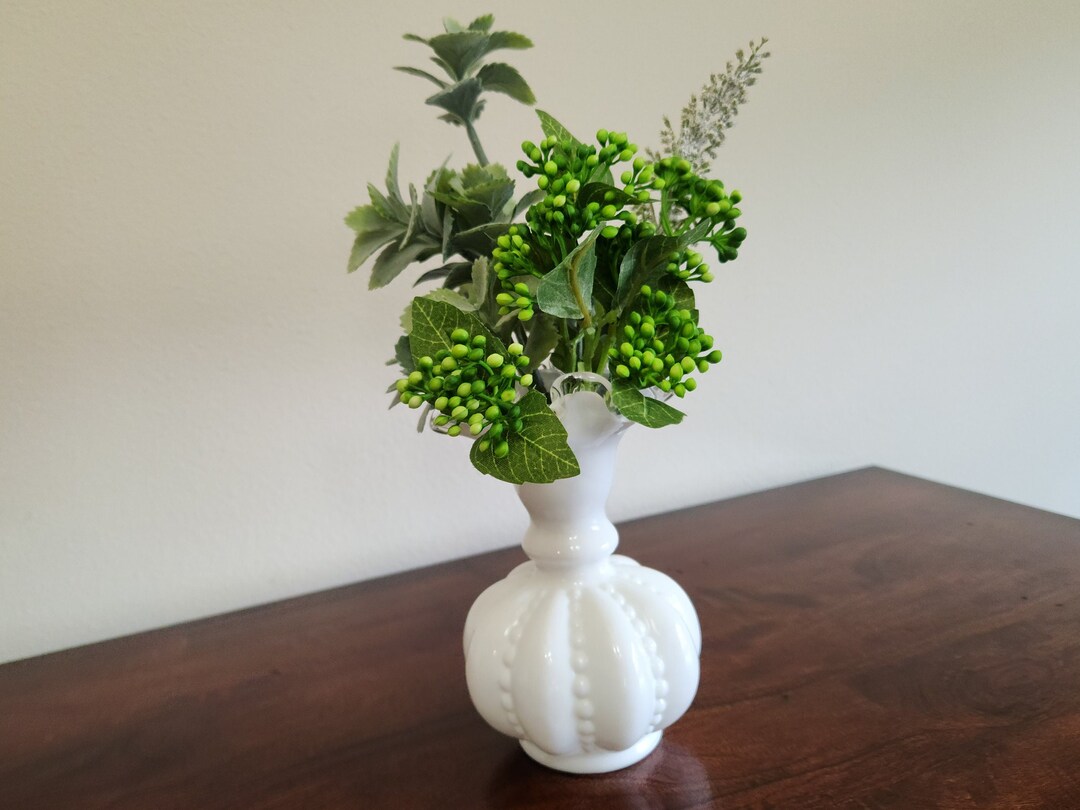 Vintage Fenton Silver Crest Vase: White Milk Glass Ruffled Edge, Beaded ...