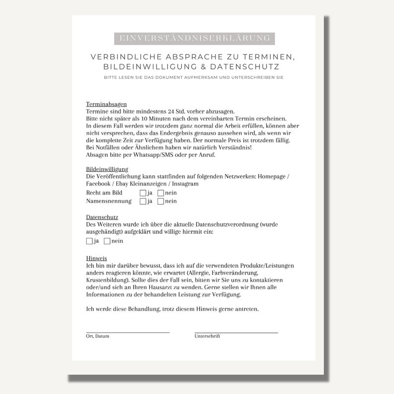 Einverständniserklärung für Termin, Bildrechte und Datenschutz als PDF & Canva Format Kosmetik ...